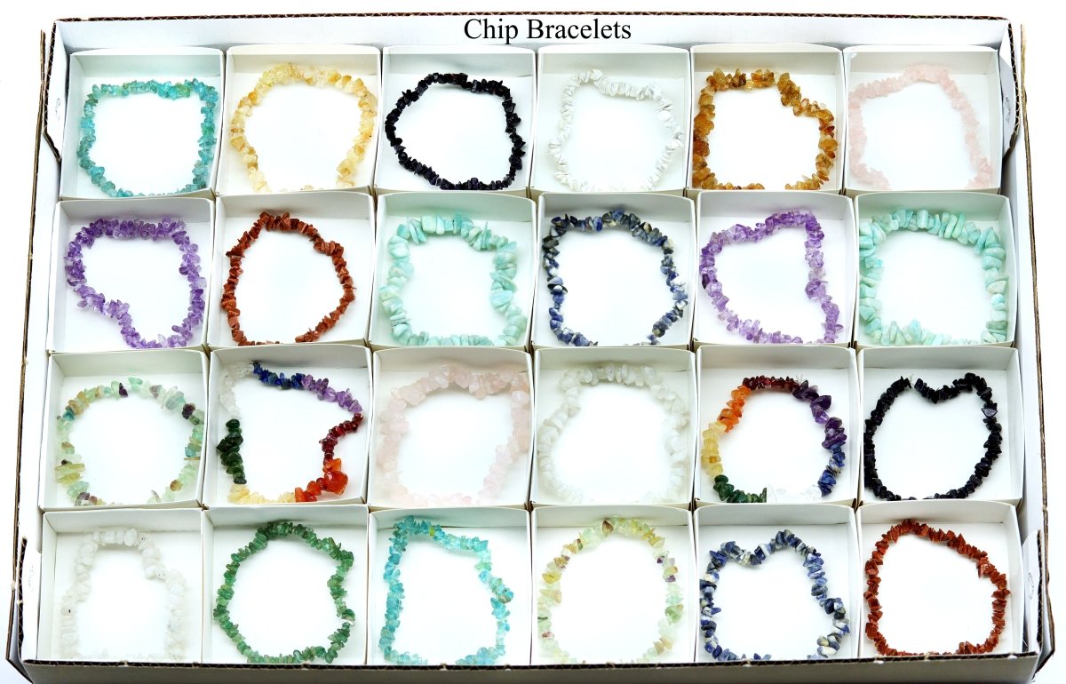 24 Piece Flat - Assorted Gemstone Chip Bracelets - Crystal River Gems